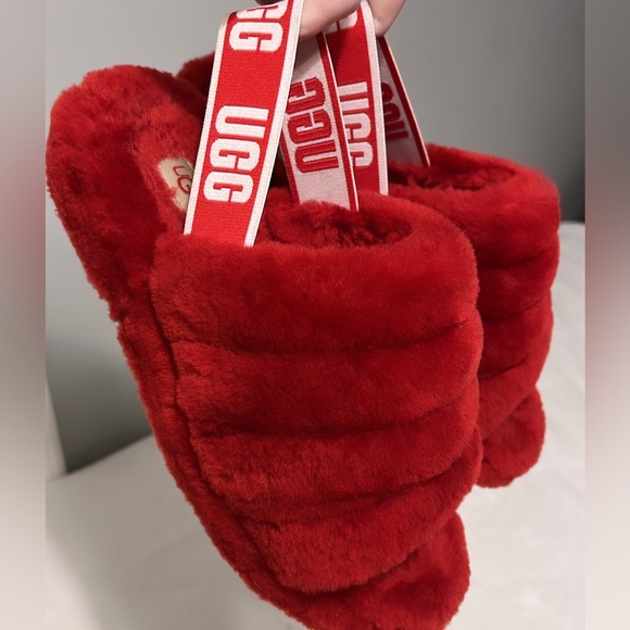 UGG | Shoes | Ugg Red Fluff Yeah Slides Womans Size 7 | Poshmark